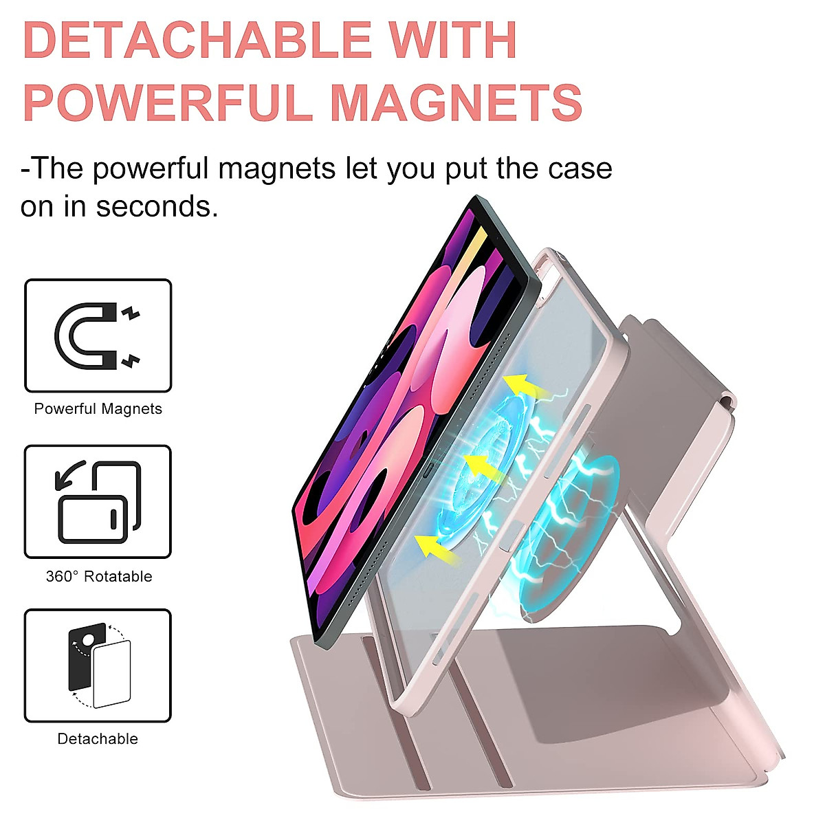 Case for iPad Air 5th/4th Generation 10.9 Inch 2022/2020,360 Rotatable with Powerful Magnet,2 in 1 Detachable Clear Case and Washable Semi-Silicone Protective Cover Smart Folio Support Pen Charger