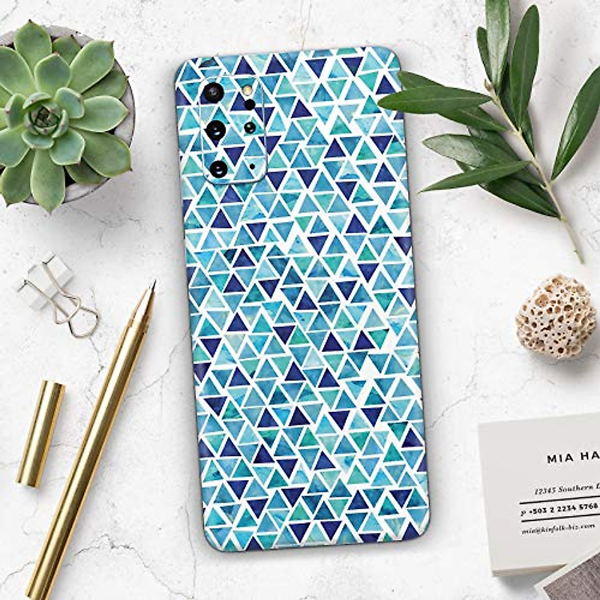 DesignSkinz Blue Watercolor Triangle Pattern Protective Vinyl Decal Wrap Skin Cover Compatible with The Samsung Galaxy S20 (Screen Trim & Back Glass Skin)