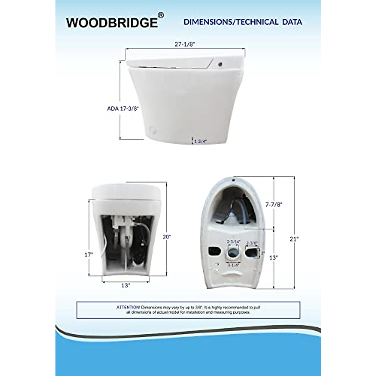WOODBRIDGE B0970S Smart Bidet Tankless Toilet Elongated One Piece ADA Height, Auto Flush, Foot Sensor Operation, Heated Seat with Integrated Multi Function Remote Control in White