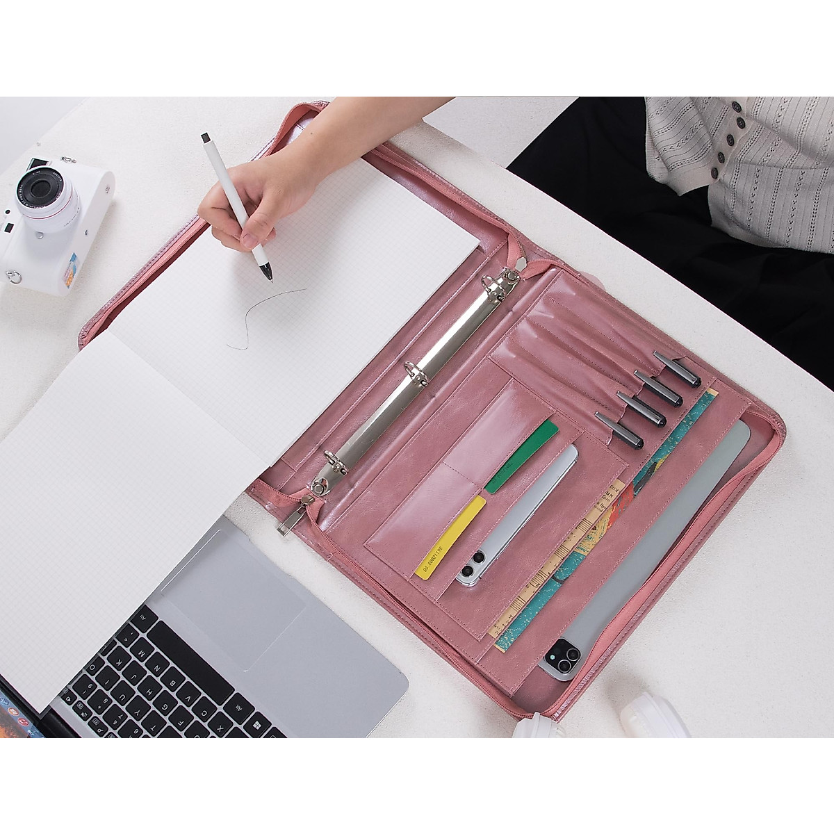 AZXCG Zipper Binder Portfolio for Women, 3 Ring Binders 1 inch, PU Leather Padfolio Folder, Business Portfolio Organizer with A4 Legal Pads, Thin Leather Professional Binder, Gift for Her, Rosegold