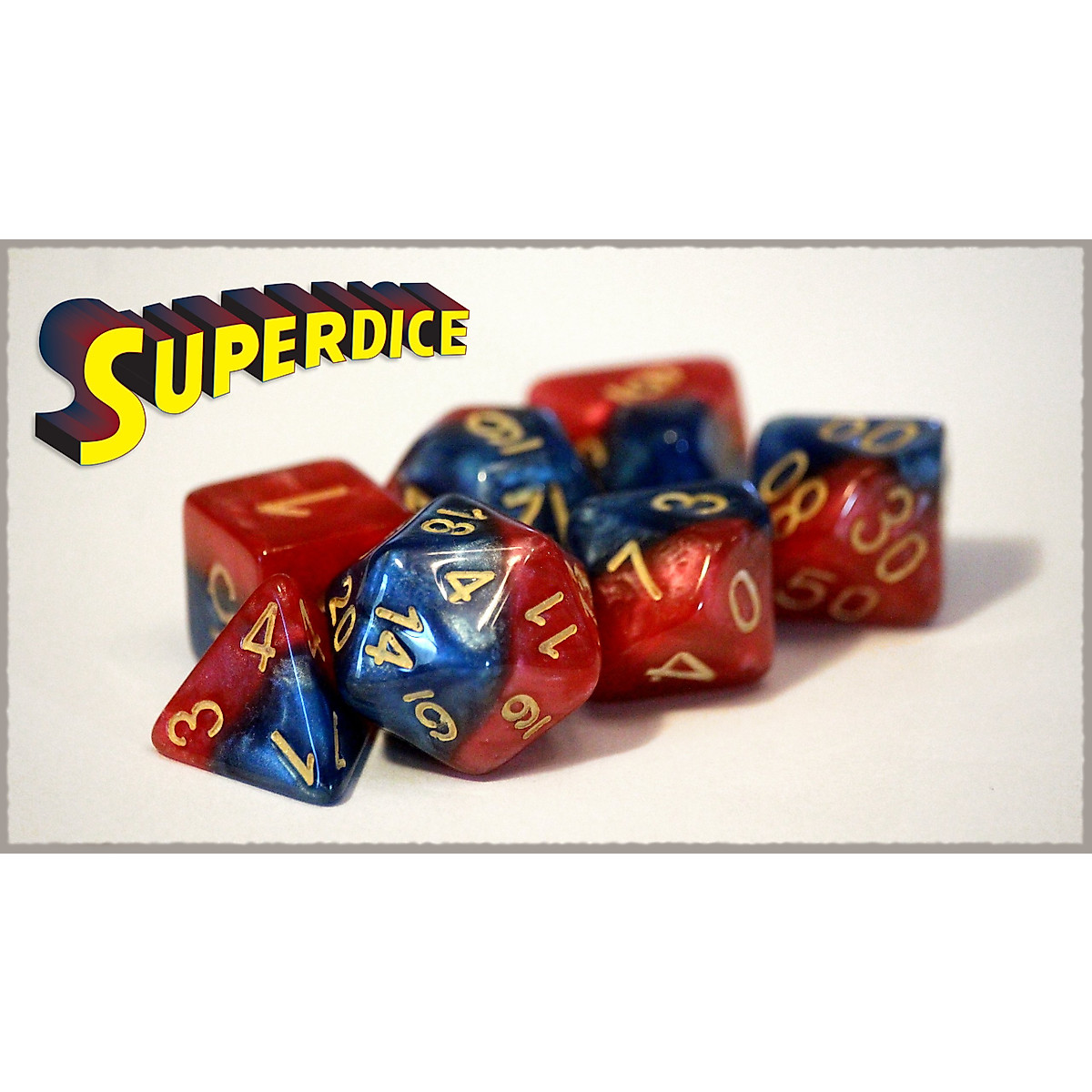 Superdice Halfsies Dice - 7 die polyhedral dice Set - Super Blue & Heroic Red - Gold Numbering