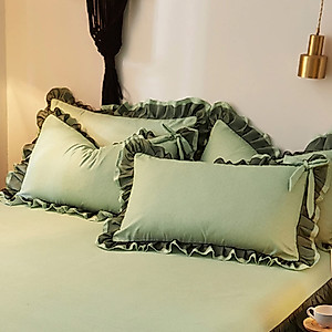 Solid Color Sanding Comforter Cover Set,Bow Lace Ruffle Duvet Cover Set,Breathable Comfy Bedding Set with Bed Skirt Pillowcases-Black Full 200x230cm(79x91inch) (Light Pink King 200x230cm(79x91inch))