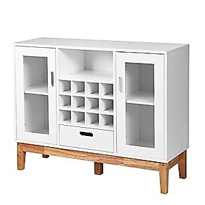 PETSITE White Sideboard Buffet Storage Cabinet with Removable Wine Rack, Glass Doors, Open Shelf & Drawer, Wood Accent Console Table for Living Room, Entryway