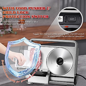 Moongiantgo Foldable Meat Slicer Electric Deli Slicer for Home with Removable 7.5" Stainless Steel Blade, 0-15mm Adjustable Slicing Thickness, with Food Pusher & Child Lock Protection (Serrated Blade)