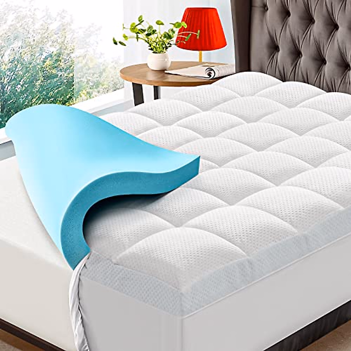 HYLEORY Dual Layer 4 Inch Memory Foam Mattress Topper Queen Size, Breathable & Medium Support, 2 Inch Cooling Gel Memory Foam & 2 Inch Bamboo Pillow Top Mattress Pad Cover for Back Pain