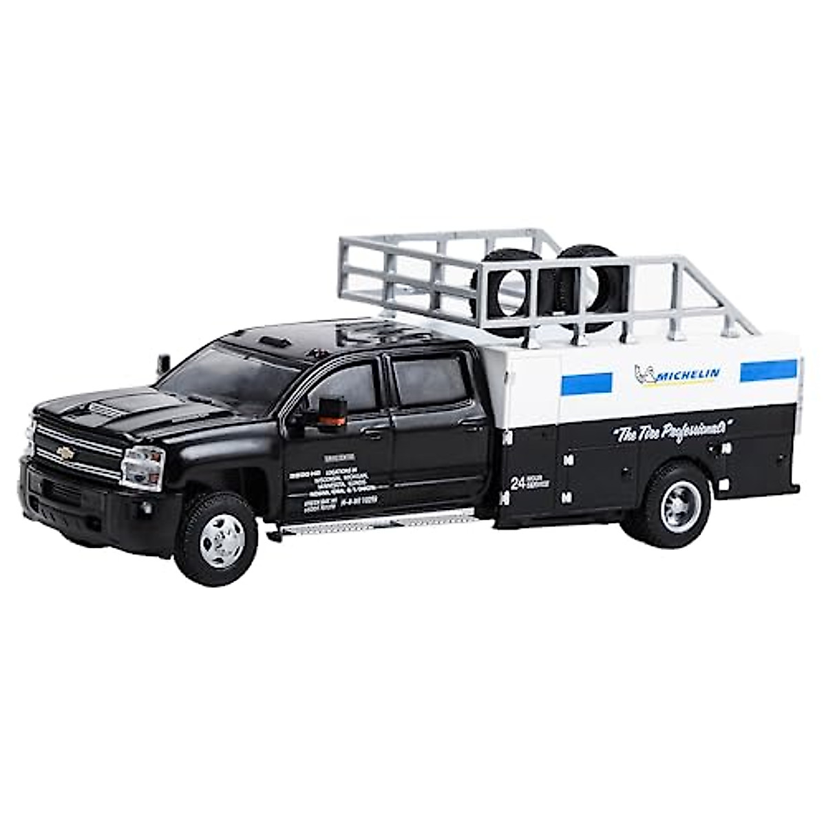 Greenlight 46120-C Dually Drivers Series 12-2018 Chevy Silverado 3500 Dually Tire Service Truck - Mich elin “The Tire Professionals” 24 Hour Service 1/64 Scale Diecast