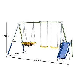 The Swing Company TSC-1023G Reese Galvanized Metal Swing Set: 5ft Slide, 2 Swings, Padded Saucer Swing and Anchor Kit, Capacity 500lb (5 Kids, Aged 3-8), Blue/Yellow