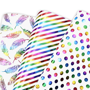 Premium Foil Birthday Wrapping Paper Flat Sheets (6-Sheets, 3-Designs: 23 sq. ft. ttl)- Colorful Gold Rainbow Feather, Polka dot, Stripe-Gift Wrap for Birthday, Wedding, Christmas Day, Happy New Years,Valentine's Day, Baby Shower, Bridal Shower