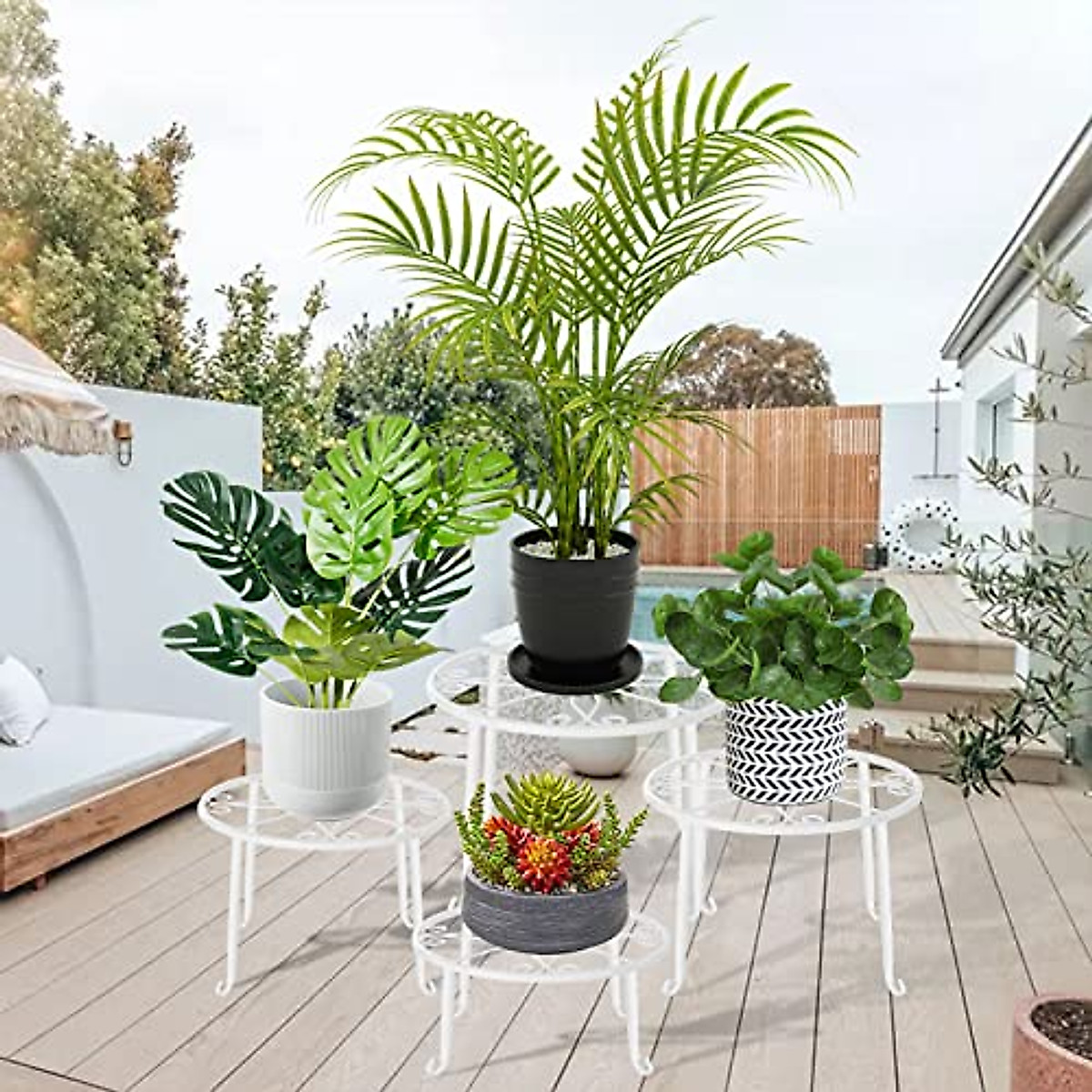 Brightdeco 4 Pack Metal Plant Stands Outdoor Indoor for Patio Round Potted Holder for Large Plants Multiple Flower Planter, White