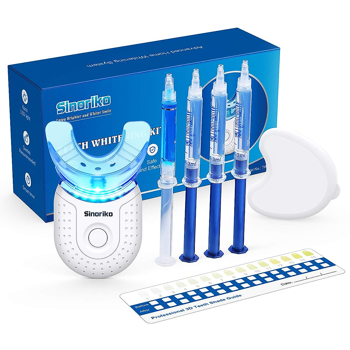 SINORIKO Teeth Whitening Kit with 6X LED Light for Sensitive Teeth 10 Min Fast Result, 3 Carbamide Peroxide Whitening Gel 1 Remineralizing Gel, Mouth Tray with Case, Home Teeth Whitener