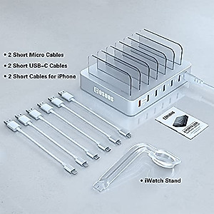 Fastest Charging Station with QC Quick Charge 3.0, COSOOS 63W 12A 6-Port USB Charging Station for Multiple Devices with 6 Mixed Short Cables & lWatch Stand,Multi Charger Station for Cell Phone,Tablet