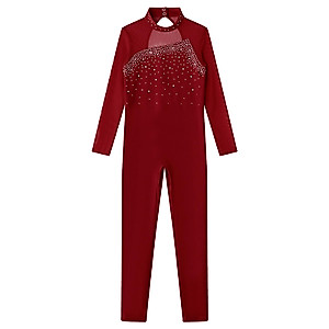 Linjinx Kids Girls Long Sleeve Rhinestone Gymnastics Leotard Unitard Full Body One Piece Figure Ice Skating Jumpsuit Bodysuit Burgundy 10 Years