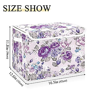 Kigai Collapsible Beautiful Purple Flowers Storage Basket with Lids and Handles,Storage Bins for Shelves Closet Bedroom,Office Storage