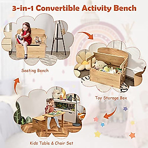 HONEY JOY Kids Table and Chair Set, 3-in-1 Convertible Wooden Toy Storage Bench with Handle, Toddler Furniture Set for Daycare Playroom, Gift for Boys Girls 3+ (Natural)