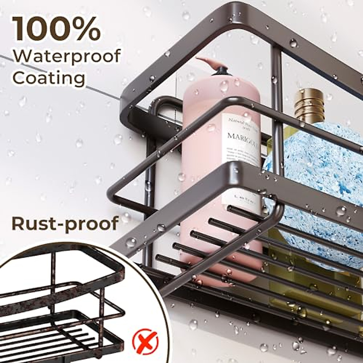 ODesign Shower Caddy Storage with Removable 4 Hooks Adhesive Shower Shelf Basket No Drilling Rustproof Bathroom Organizer - 2 Pack (Brown)