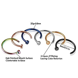 Doubyan Nose Rings Hoop 20 Gauge 8mm Nose Piercing Hoop Stainless Steel Surgical Steel Body Jewelry (20G-8mm, 9 Pcs - Black+Blue+Multicolor)