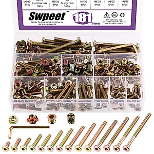 Swpeet 181Pcs M6 x 15mm - 80mm Color Zinc Flat Head Hex Socket Cap Baby Crib Bed Bolts Nuts Screws and Threaded Insert Nuts with Flange Nuts and 4 Pronged Tee T Nuts Assortment Kit with Allen Wrench