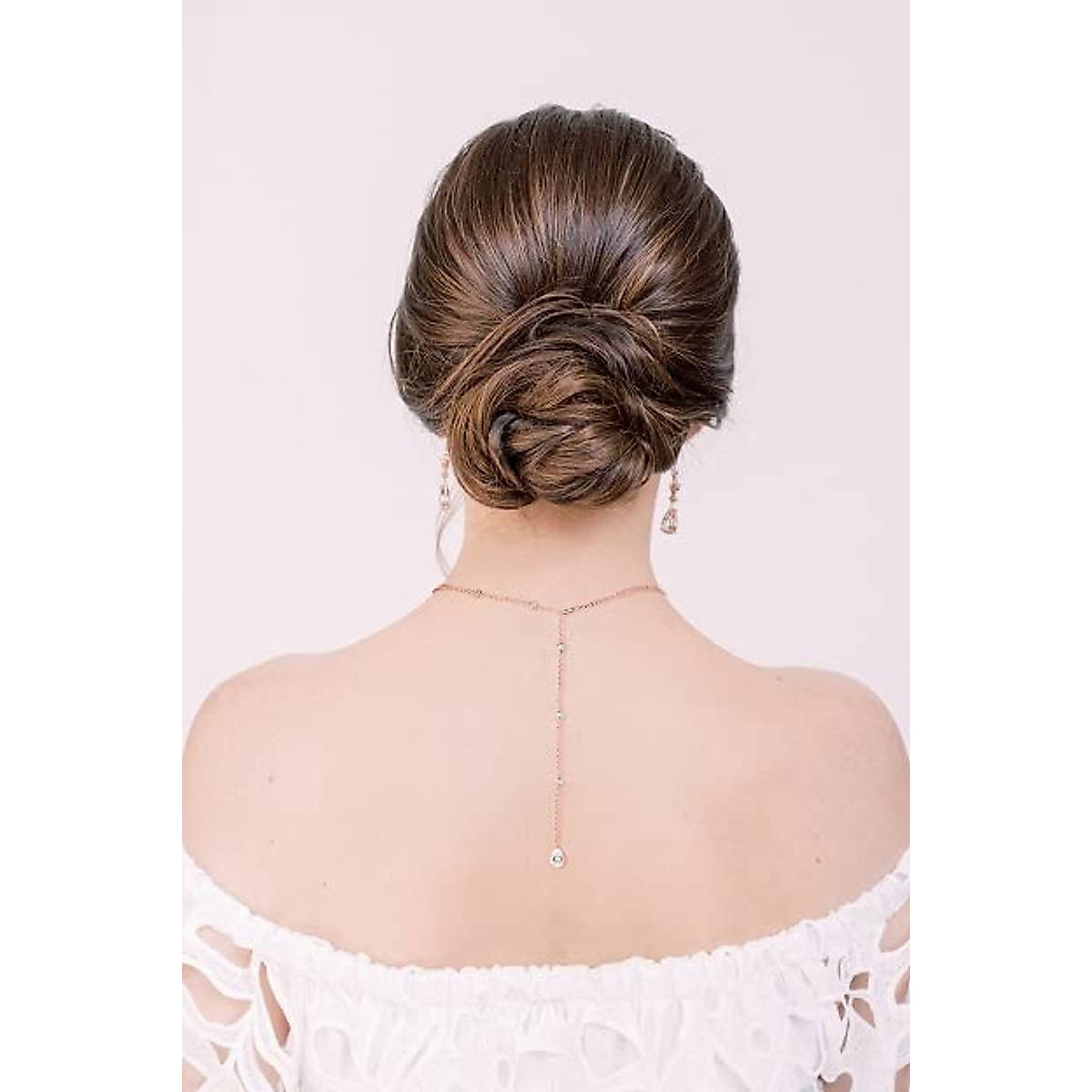 SWEETV Teardrop Wedding Back Necklace for Bride Bridesmaids, Rose Gold Cubic Zirconia Simple Back Pendant Bridal Necklace for Wedding Party