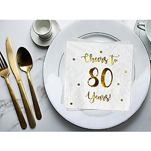 Cheers to 80 Years Cocktail Napkins | Happy 80th Birthday Decorations for Men and Women and Wedding Anniversary Party Decorations | 50-Pack 3-Ply Napkins | 5 x 5 inch folded (White)