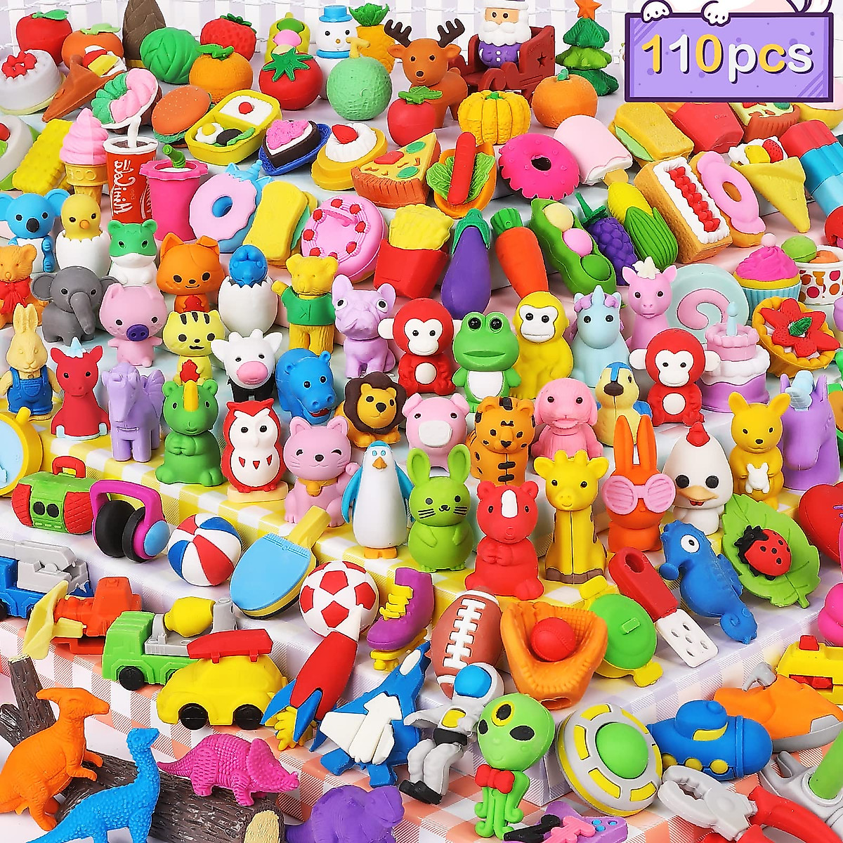 Arscniek 110 Pack Animal Erasers for Kids Bulk, Cute Desk Pets Treasure Box Toys for Classroom Prizes Rewards, Mini Pencil Erasers Take Apart Erasers Back to School Supplies Gift for Boys Girls