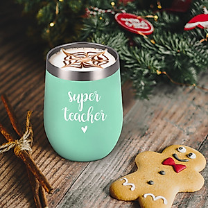 Super Teacher Stainless Steel Wine Tumbler, Christmas Birthday Appreciation Retirement Teacher’s Day Thank You Gifts for Teacher Tutor Professor Women, 12oz Insulated Wine Tumbler with Lid, Mint Green