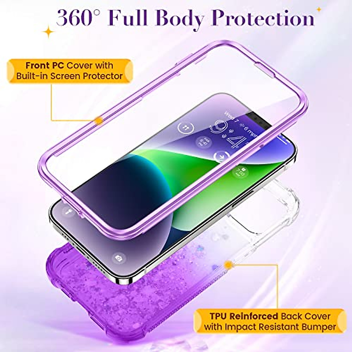 Ruky Case for iPhone 14, Full Body Glitter Liquid Rugged Cover with Built-in Screen Protector Soft TPU Protective Girls Women Phone Case for iPhone 14 6.1 & iPhone 13 6.1 ”, Gradient Purple