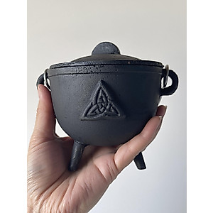 Triquetra Cast Iron Cauldron with Lid and Handle, Witches Cauldron, Great for Use with Charcoal Incense, Smudge Sage, 4.25"-4.5"