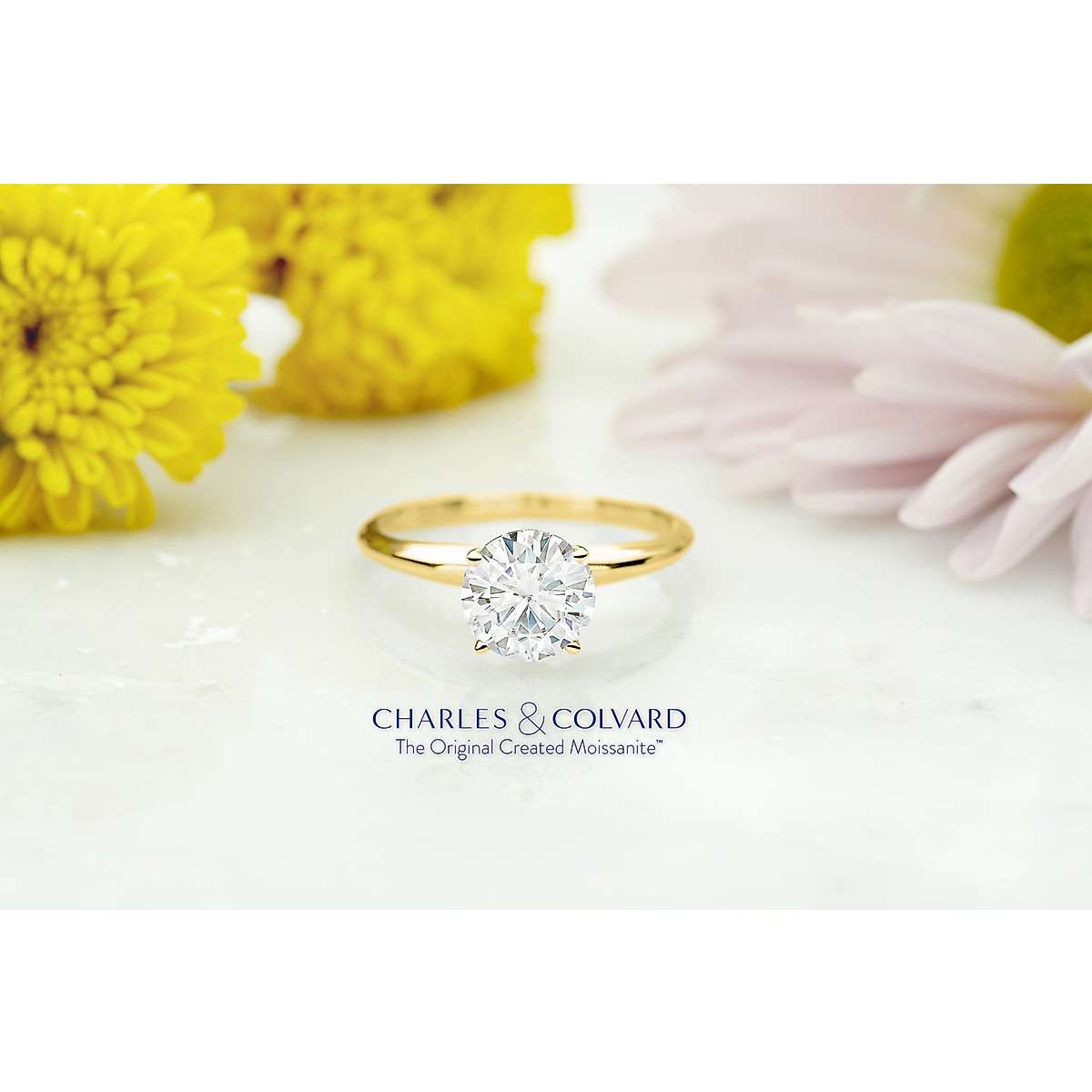 14K Yellow Gold Forever One Moissanite from Charles & Colvard Solitaire Engagement Ring For Women (1.00 Cttw, Round 6.5MM, Available In Size 5, 6, 7, 8, 9)