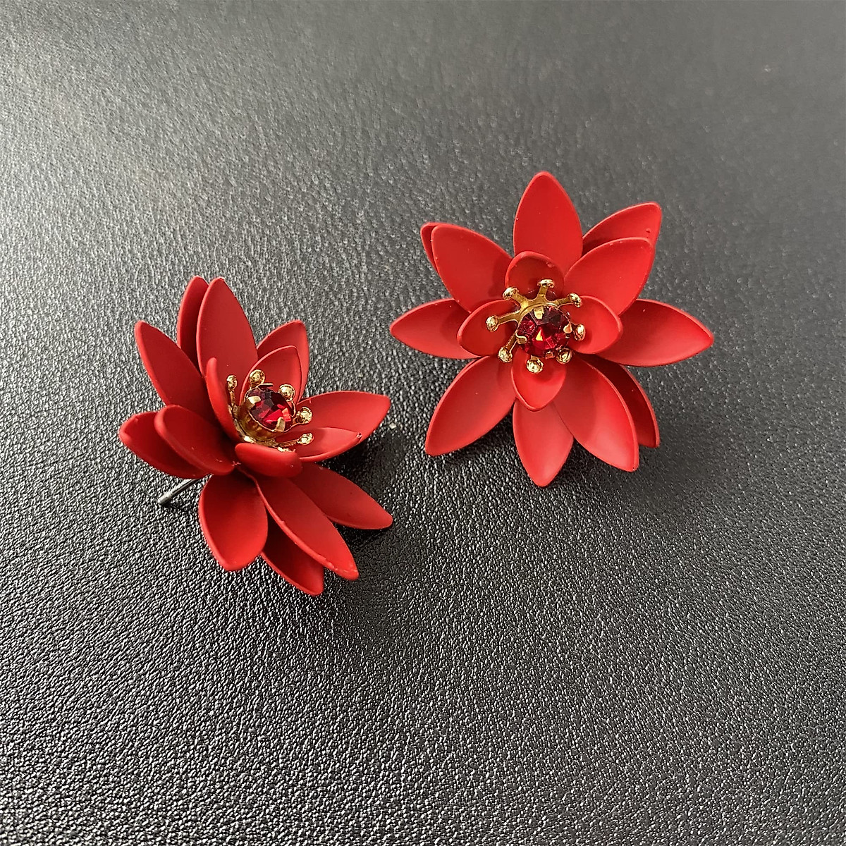 Chic Cute Boho Matte Flower Statement Stud Earrings with Gold Flower Bud for Women Sister Mom Lover and Friends (Red 13)