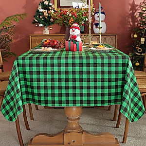 Buffalo Plaid Vinyl Christmas Tablecloth Rectangle 52 x 70 Inch With Flannel Backing, Waterproof & Anti Slip Plastic Tables Cloths, Heavy Duty Table Cover for Winter, Party & Holiday, Green and Black