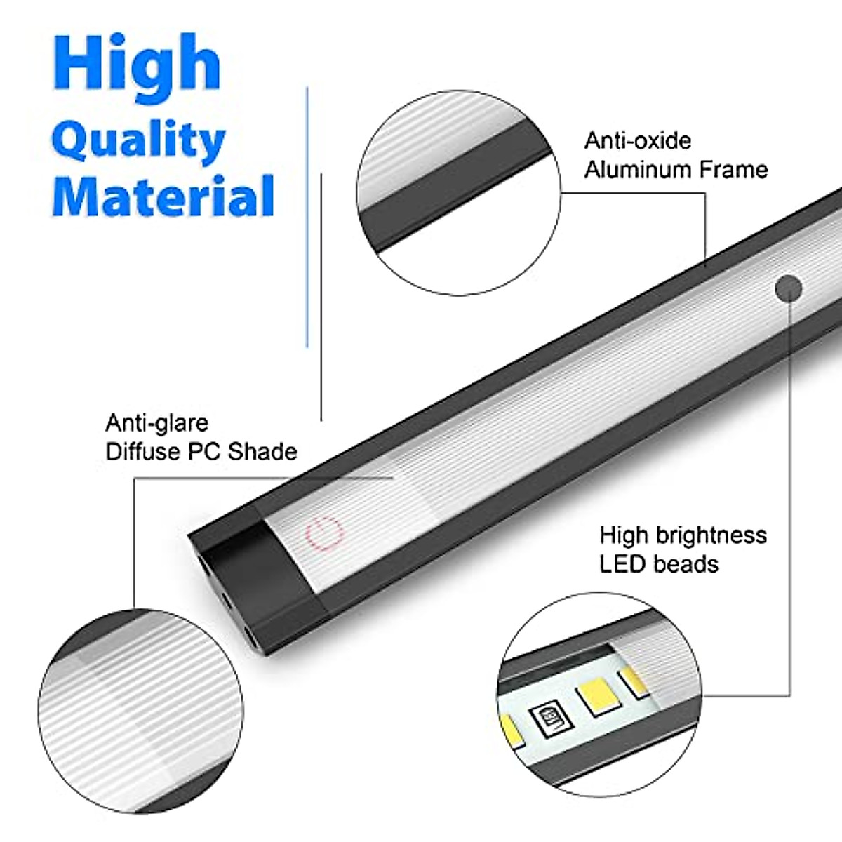 MYPLUS Under Cabinet Lights, 12" Touch Activated and Dimmable Aluminum LED Bar for Kitchen, Workbench and Desk, Warm White 3000K, Plug-in, Black.