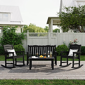 LAHAAP Outdoor Rocking Chairs Set, Weatherproof HIPS Outdoor Furniture, Include 2 Patio Rocking Chairs + Outdoor Bench, Suit for Garden, Porch, Lawn & Backyard(Black)