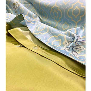 Exotic Modern Floral Print Bedding Birds Flowers Dusty Grey Design 100% Cotton Duvet Cover 3pc Set Hibiscus Blossom Branches in Muted Gray Blue (Queen, Citronelle Green)