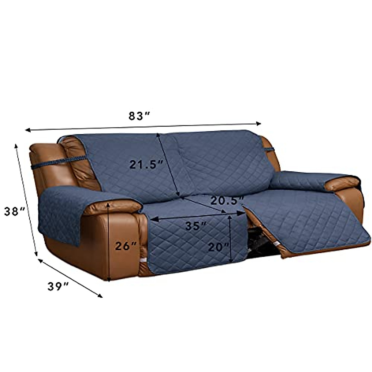 Easy-Going Recliner Sofa Cover, Reversible Couch Cover for Double Recliner, Split Sofa Cover for Each Seat, Furniture Protector with Elastic Strap for Kids, Dogs, Pets(2 Seater, Dark Blue/Light Blue)