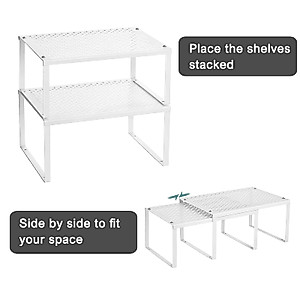 MOOACE Cabinet Shelf Organizers Set of 4, Kitchen Cabinet and Counter Shelves, Kitchen Storage Shelves Expandable Stackable, White