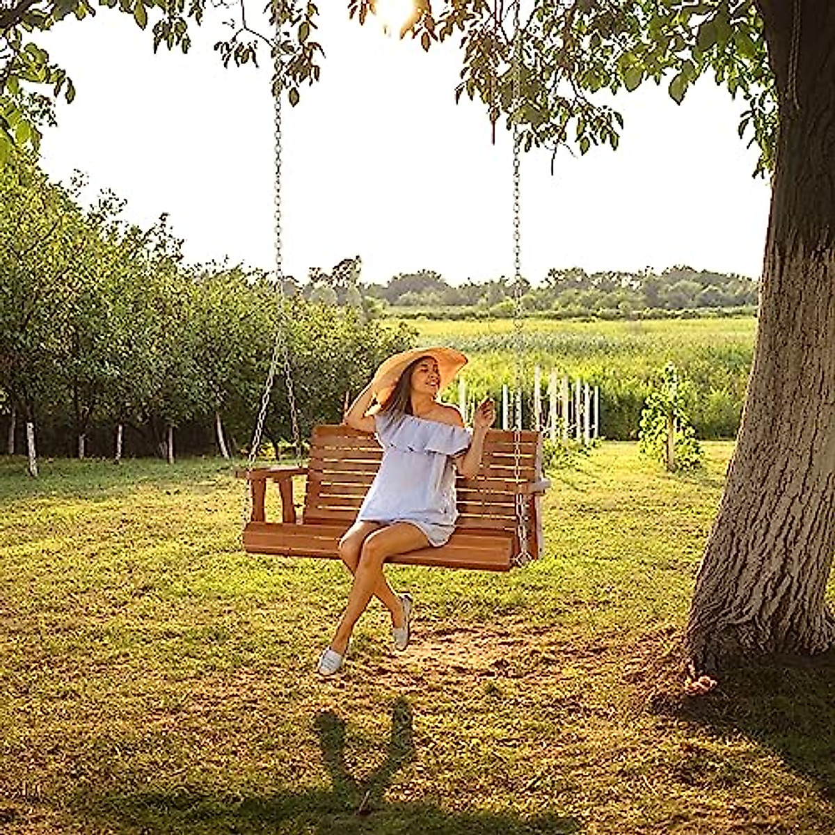 VINGLI Upgraded Patio Wooden Porch Swing for Courtyard & Garden, Heavy Duty 880 LBS Swing Chair Bench with Hanging Chains for Outdoors (4 FT, Brown)