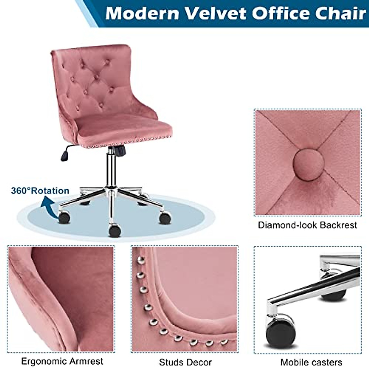 VINGLI Velvet Office Chair, Modern Office Chair Velvet Desk Chair Upholstered Office Chair Swivel Chair with Wheels, Tufted Office Chair Nail Tech Chair Accent Desk Chair for Home Office, Pink