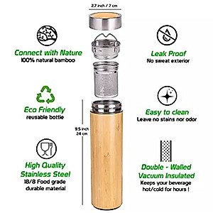 ECO Friendly Bamboo Tumbler - Tea Infuser and Strainer | Water Coffee and Tea Bottle | Stainless Steel Thermos | Vacuum Insulated Travel Tea Gift | Biodegradable | By GreenRO ANZ