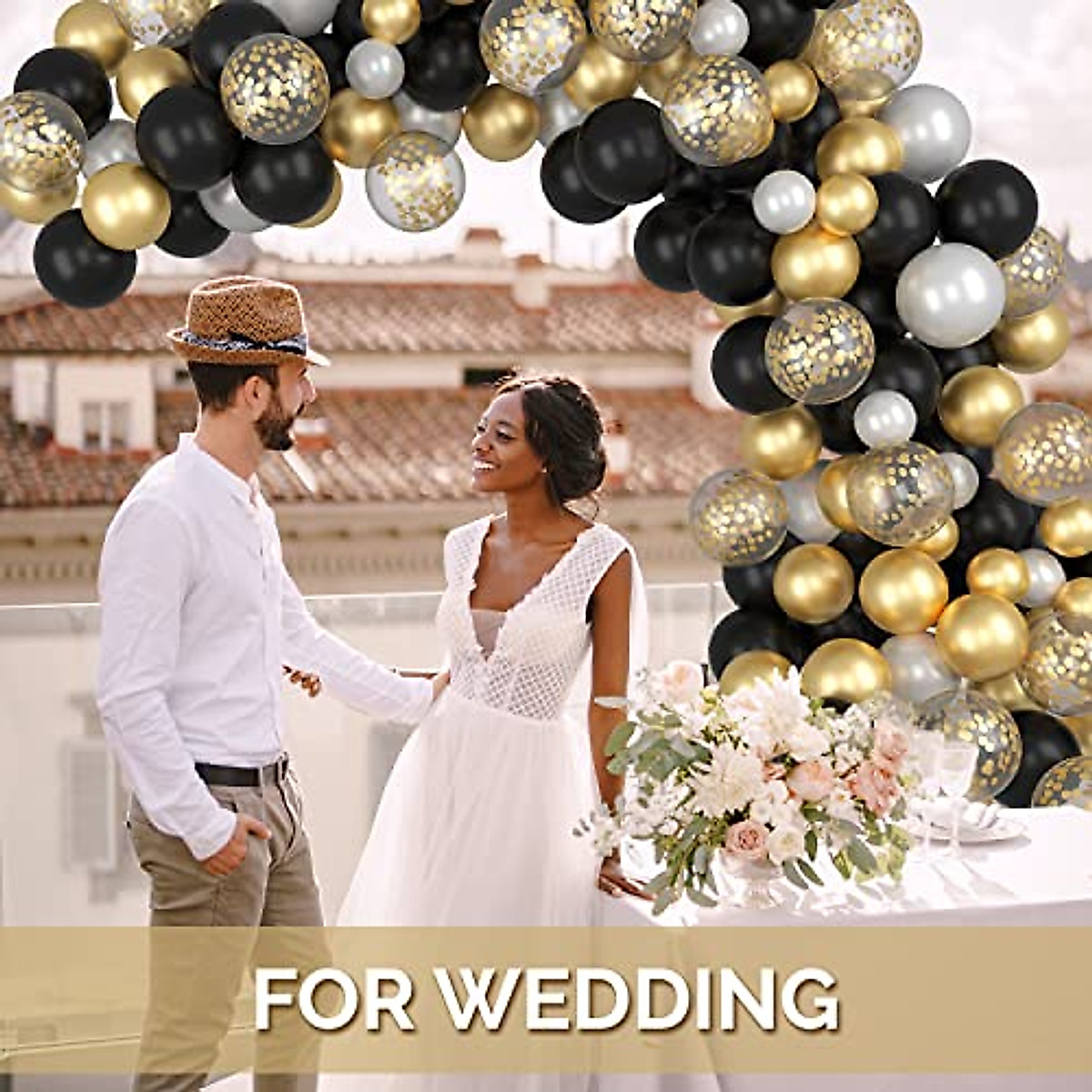 Balloon Arch Kit Garland Decorations - 124 pcs Latex Black White Gold Confetti Balloons 16ft, Oh Baby Theme, Bridal Shower Birthday Wedding Graduation Bachelorette Anniversary Party Backdrop DIY Décor