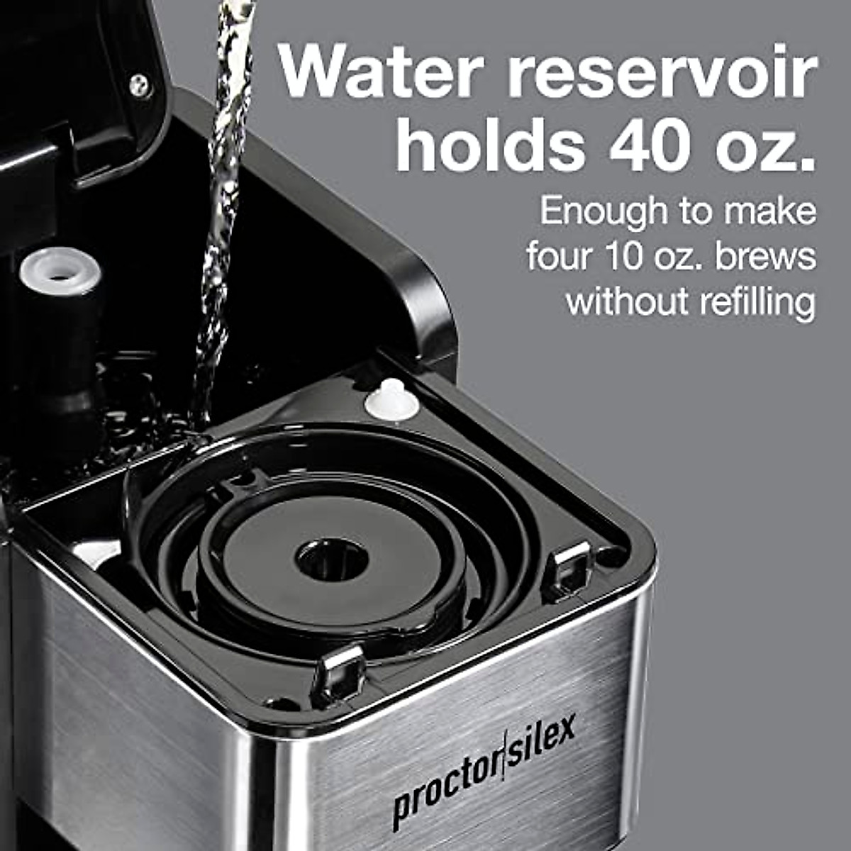 Proctor Silex Single-Serve Coffee Maker Compatible with Pod Packs and Grounds, 40 oz. Reservoir Makes Four 10 oz. Cups Without Refilling, Black & Stainless Steel (49919)