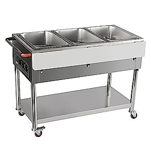 3-Pot Commercial Electric Food Warmer, Team Table Food Warmer 0-100℃ w/ 2 Lockable Wheels, Professional Stainless Steel for Steam Table Food Warmer Catering and Restaurants (3-Pot)