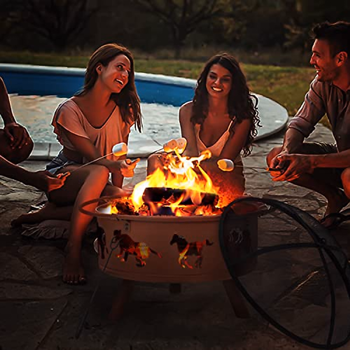 MoNiBloom 32" Wood Burning Fire Pits Horse Pattern Round Metal Firepit Burning Fireplace with Spark Screen Cover and Poker for Patio Backyard Picnic Garden, Red