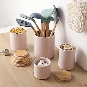 Sweejar Ceramic Kitchen Canister Sets, Porcelain Container for Countertop, Heavy Food Storage Jars with Airthight Seal Bamboo Lid, Servering for Sugar, Coffee Beans, Tea Leaves, Pack of 4（New Pink）