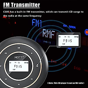 HOTT C105 Portable CD Player with HiFi Bluetooth 5.0 and FM Transmitter,Rechargeable 1800mAh with Touch Vibration Button and 2.1" LCD Screen Aux for Car Audio Radio and Home Wireless Headset Speaker