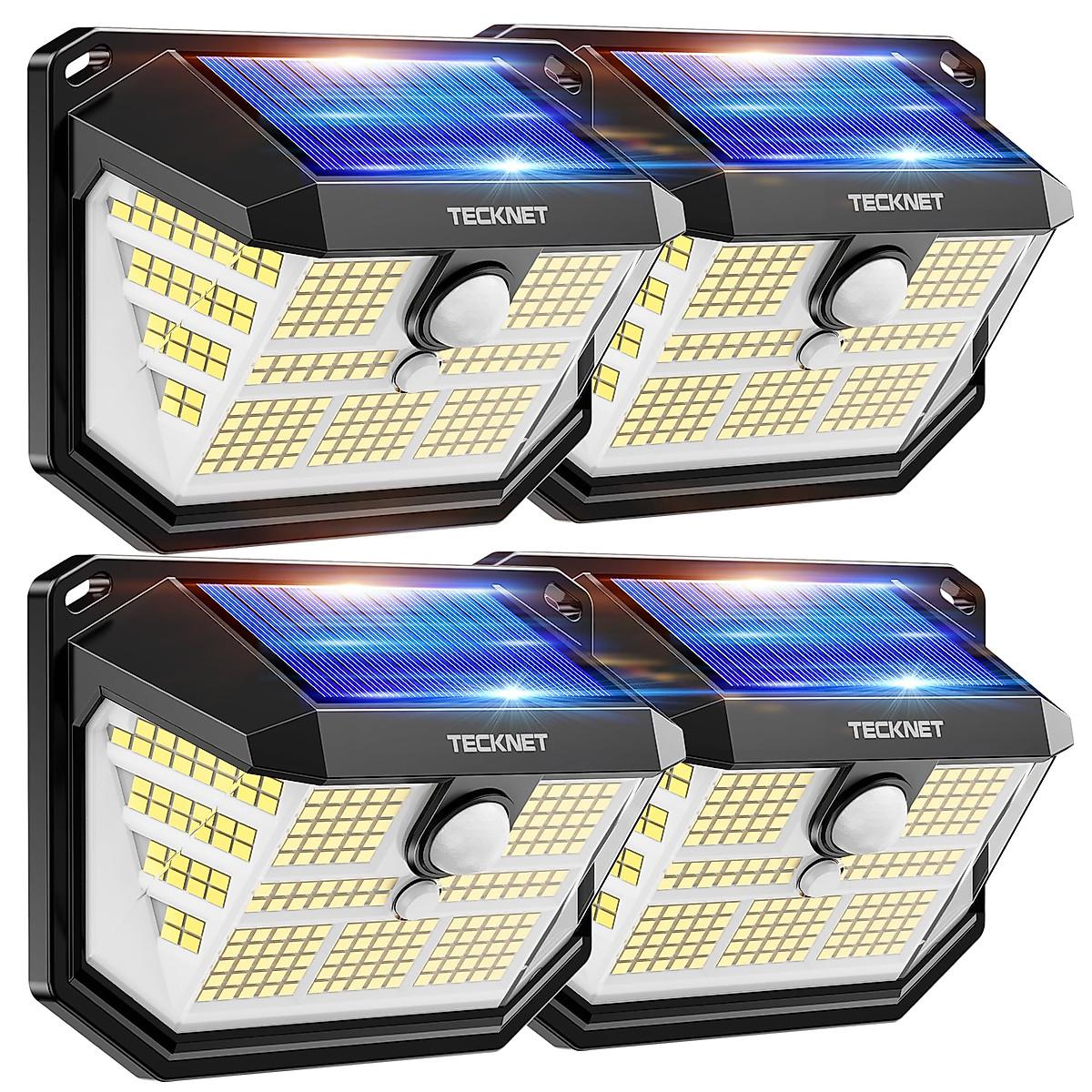 TECKNET 231 LED Motion Sensor Outdoor Lights, 4 Pack, 300° Solar Security Wall Lights, 3 Lighting Modes, IP65 Waterproof, PIR Motion Sensor for Outside, Fence, Garden, Yard, Deck, Garage - Cool White