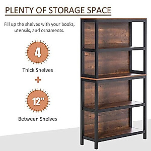 HOMCOM Shelves for Storage, 4 Tier Bookshelf Utility Organizer with Back Support and Anti-Topple Design, Walnut/Black