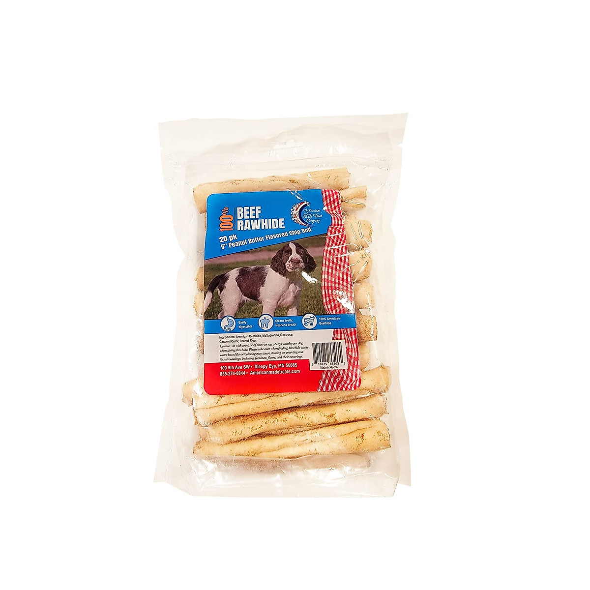 American Made Treat Co - Dog Treats, Peanut Butter Flavor Beef Rawhide Chip Rolls, Puppies to Seniors, Dental Dog Bone Alternative - 5” Rolls - 20 Pack