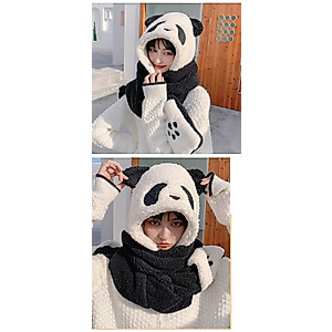 Women Girls Cute Panda Animal Winter Hats 3 in 1 Warm Soft Plush Hoodie Cap Gloves Mitten Scarf Set Cold Weather Earmuff Headbands Costume Holiday Christmas Gift for Adults Kids (Shy Face Panda)