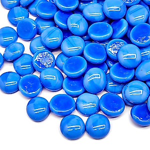 TWINKLING High Luster Round Fire Pit Glass Stones,Glass Marbles,Glass Pebbles,Glass Beads Gems Chips for Fire Pit Vase Fillers Crafts Aquarium Garden Decoration,17-19mm,1-Pound Jar (Blue Porcelain)