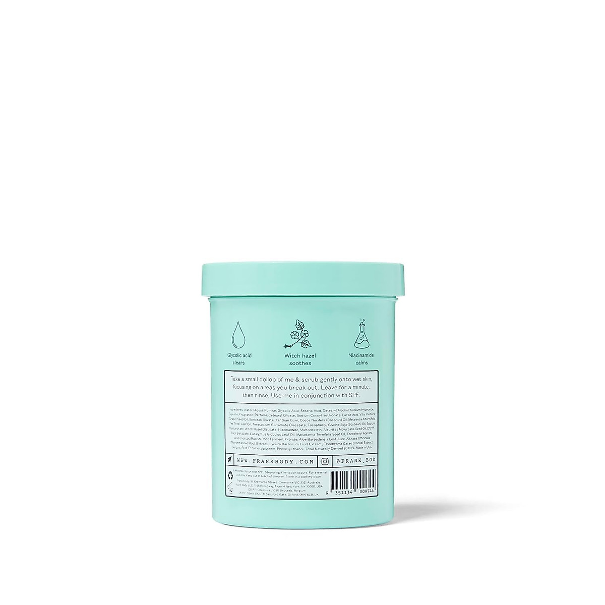 frank Body Glycolic Body Scrub | Vegan, Cruelty Free, Exfoliating Body Scrub | Helps to Fight Breakouts and Soothes Skin & Marks with AHA, Pumice, Witch Hazel, and Niacinamide | 8.82 oz / 250 g